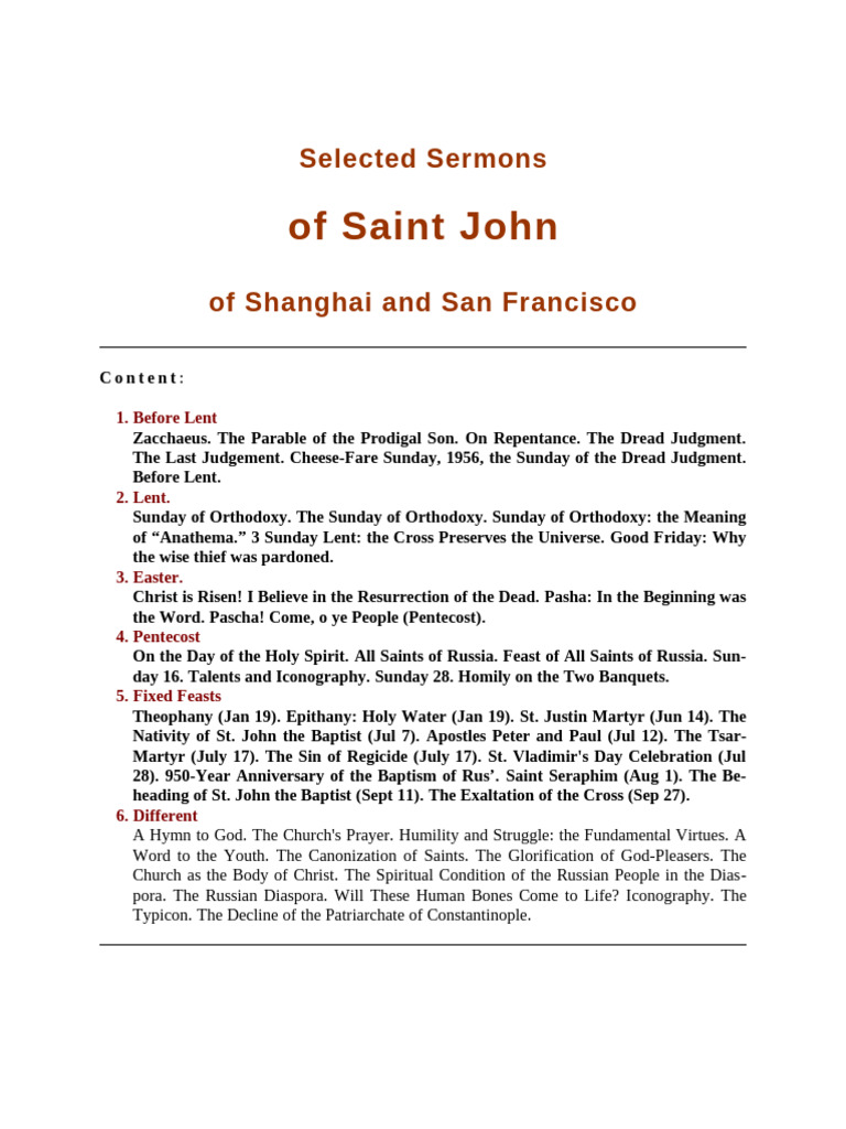 Selected Sermons of Saint John of Shanghai and San Francisco | PDF ...