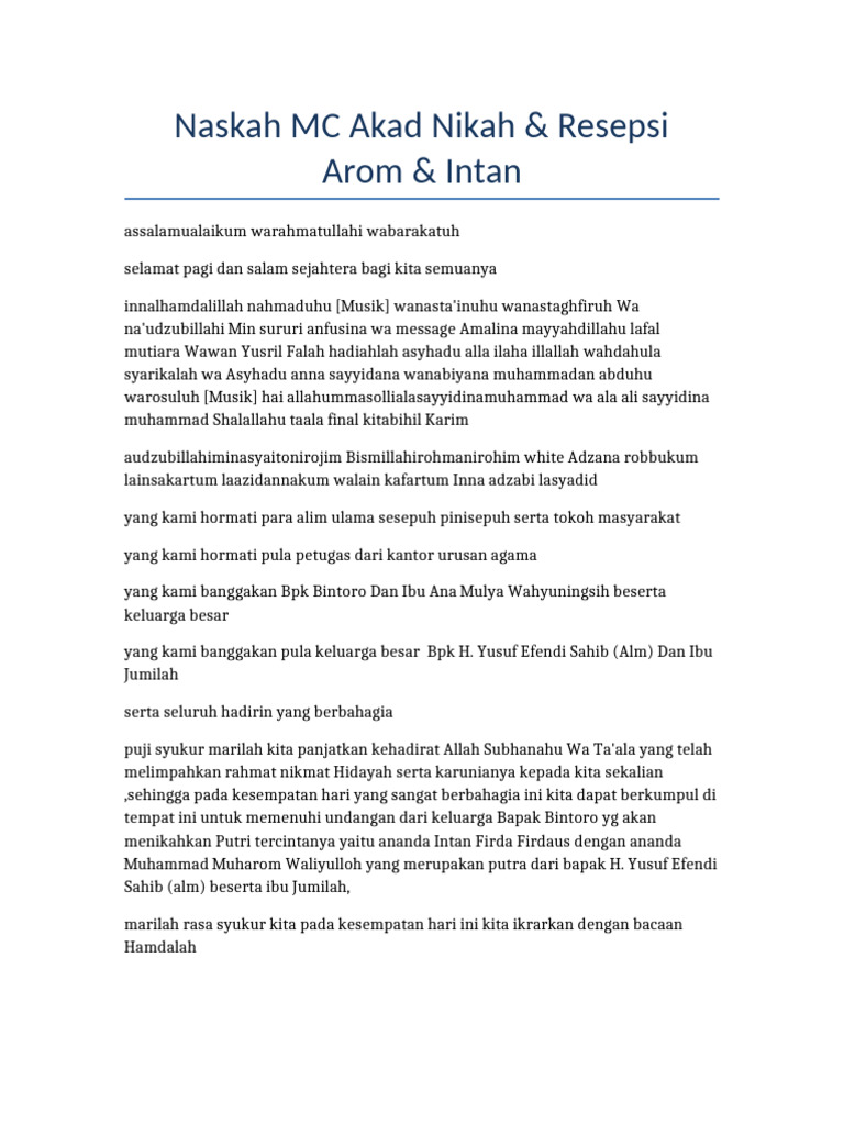 Naskah MC Akad Nikah Arom & Intan | PDF