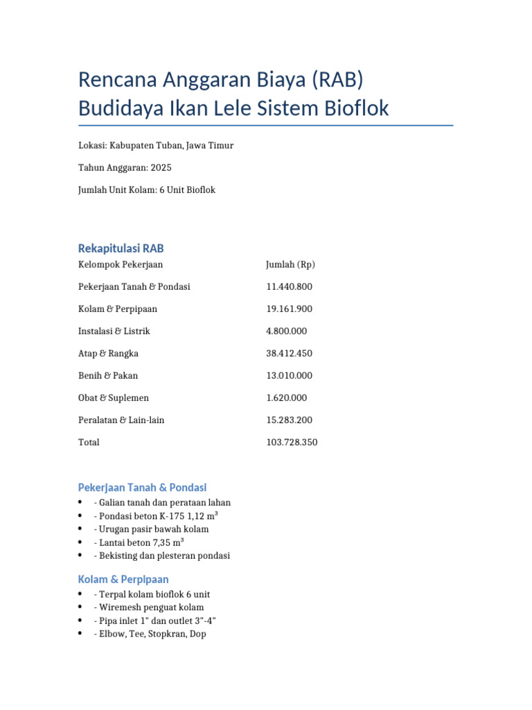 RAB Budidaya Lele Bioflok Tuban 2025 | PDF
