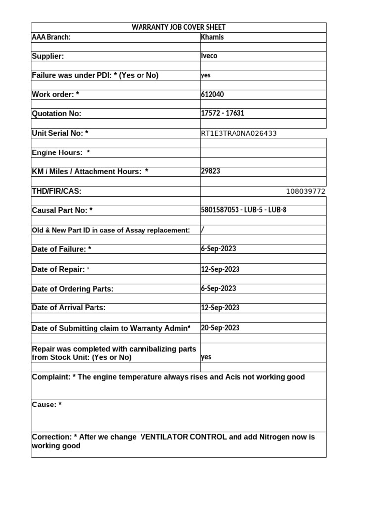 Warranty Job Cover - 612040 | PDF