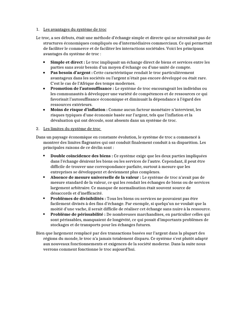 Avantages et limites du troc moderne | PDF | Troc | Argent