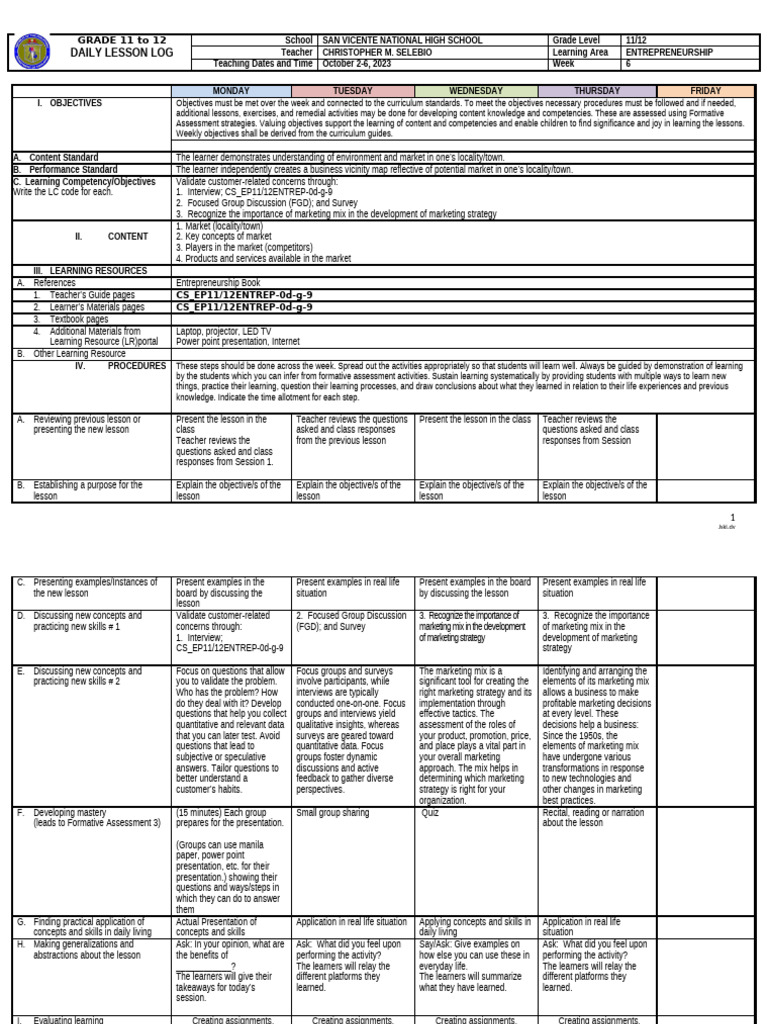 Grade 11-12 Entrepreneurship Lesson Plan | PDF | Marketing | Learning