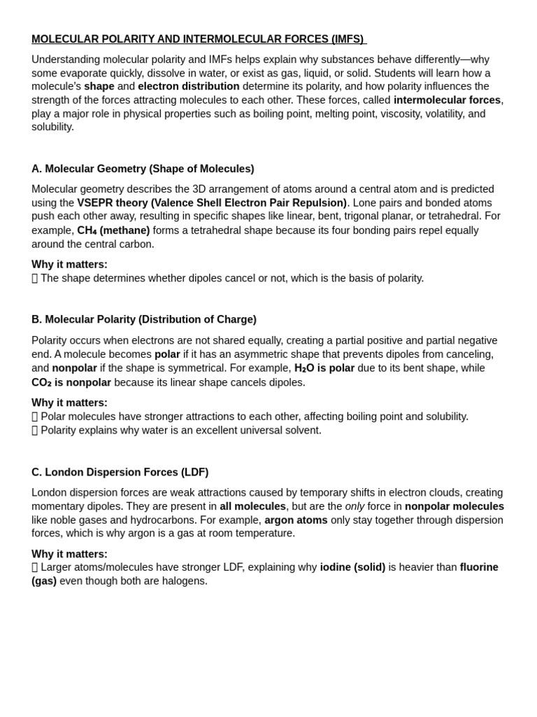Lesson 3 Molecular Polarity and Intermolecular Forces | PDF | Chemical ...