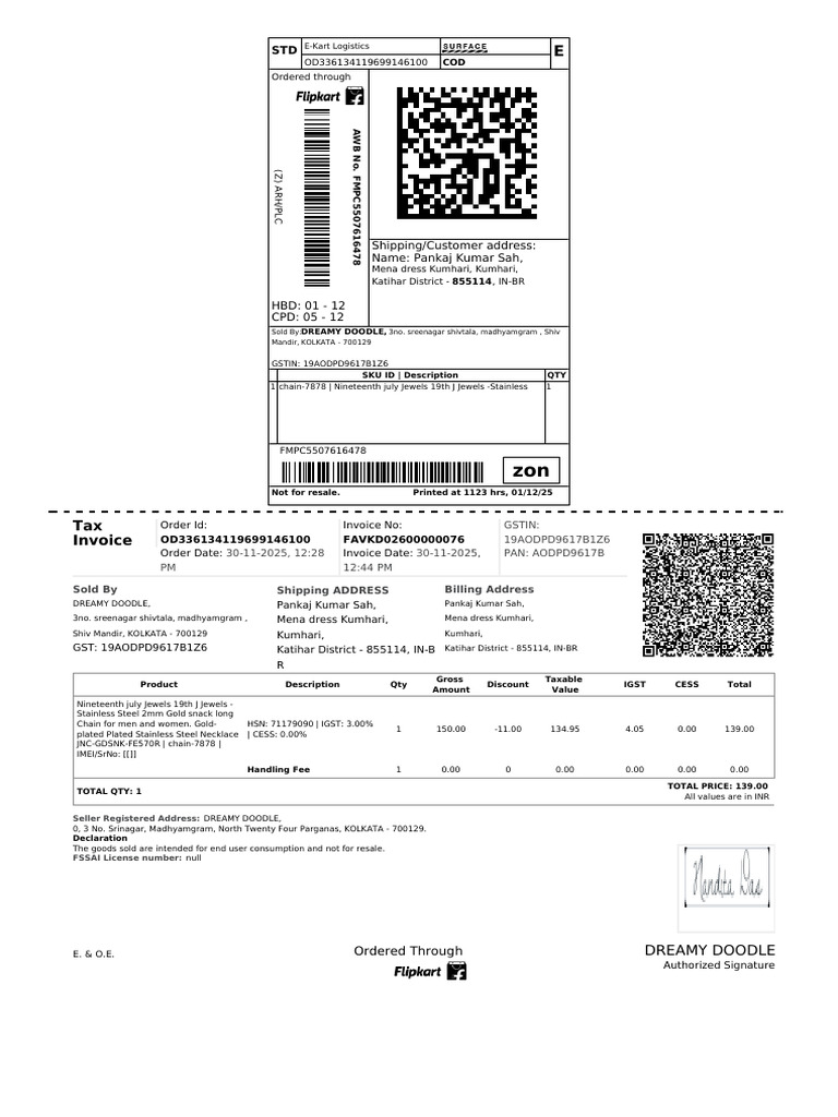 E-Kart Logistics Invoice for Jewelry Order | PDF | Economy Of India | Trade