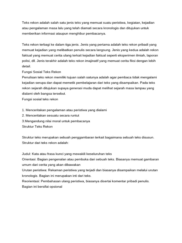 Teks Rekon Adalah Salah Satu Jenis Teks Yang Memuat Suatu Peristiwa | PDF