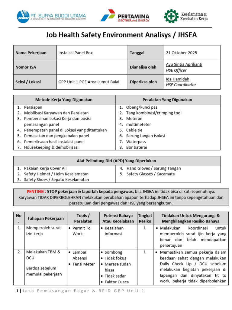 JHSEA Instalasi Panel Box GPP Unit 1 | PDF