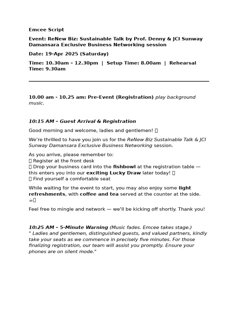 Emcee Script - ReNew Biz - Sustainable Talk by Prof. Denny & JCI SD ...