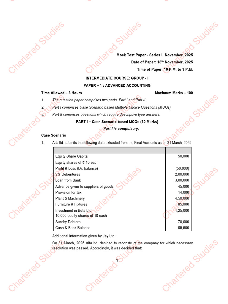 CA Intermediate Paper – 1 Advanced Accounting Mtp Series 1 Question | PDF | Debits And Credits ...