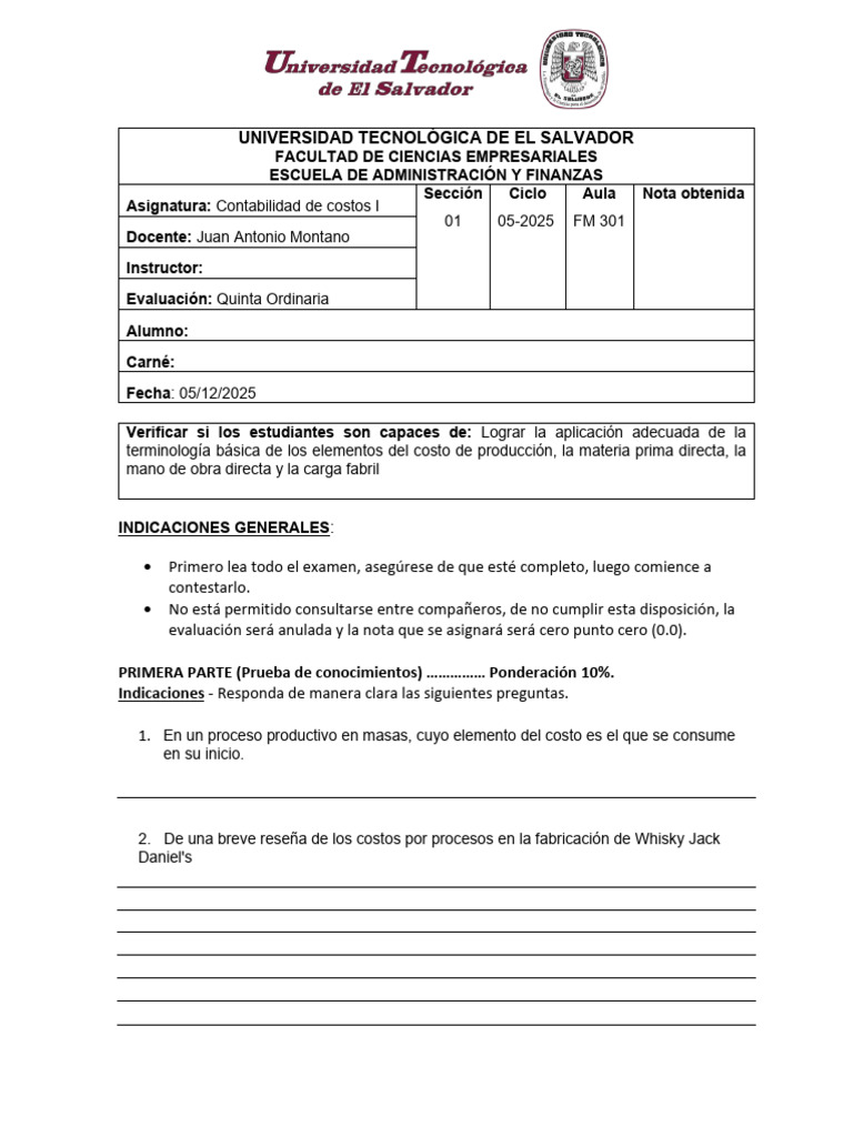 Quinta Evaluación Ordinaria Contabilidad de Costos 1 UTEC | PDF | Gratitud | Contabilidad