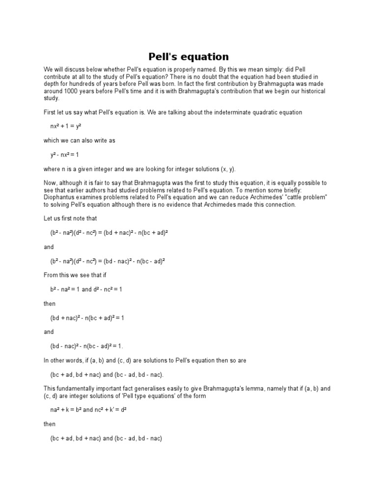 A Comprehensive History Of The Study And Advancements In Solving Pell S