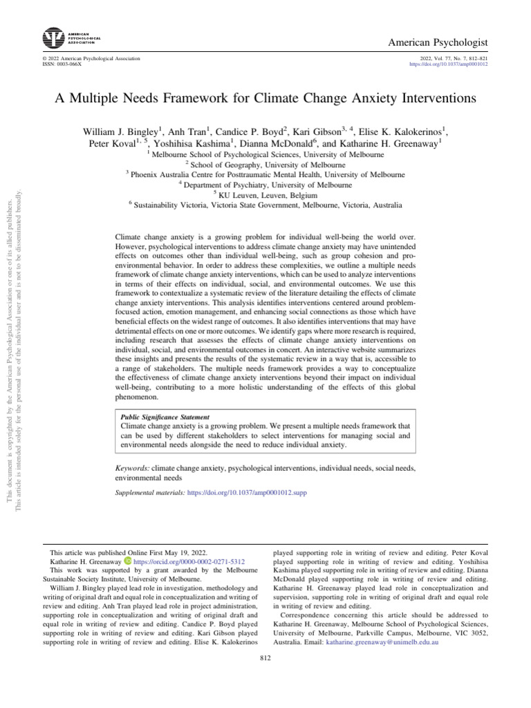 Multiple Needs Framework For Climate Change Anxiety Interventions | PDF ...