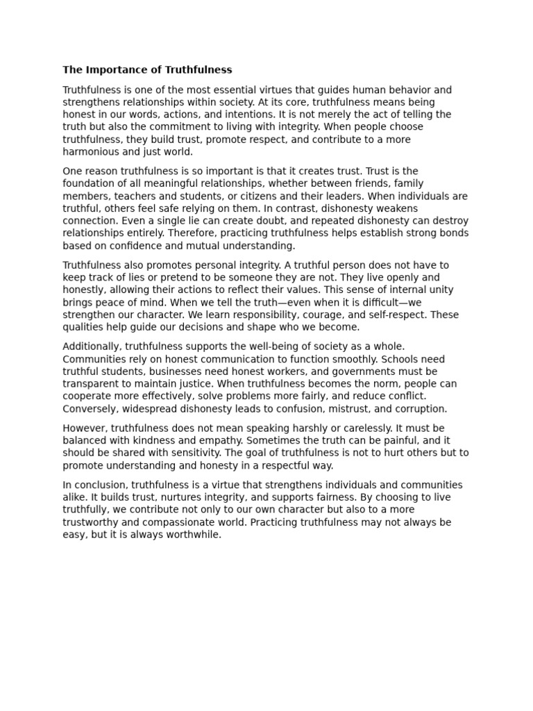 The Importance of Truthfulness | PDF | Integrity | Virtue