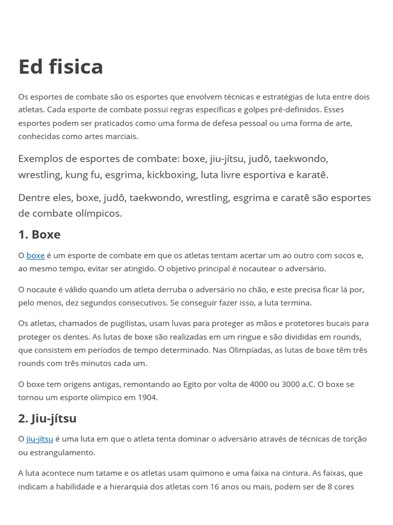 Os Esportes de Combate São Os Esportes Que Envolvem Técnicas e ...