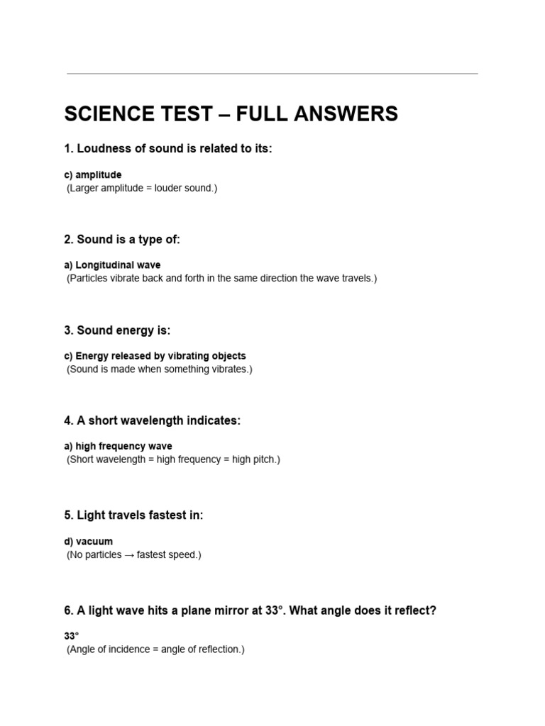 Science Test Answers: Sound & Light Concepts | PDF | Waves | Light