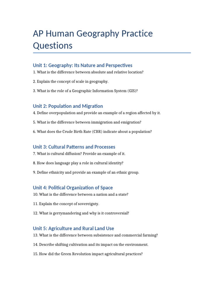 AP Human Geography Practice Questions | PDF | Geography | Agriculture