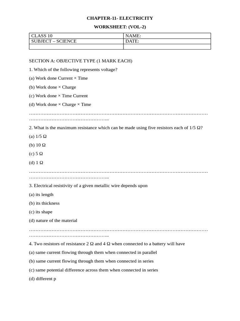 Ch 11 Worksheet Electricity Vol 2 | PDF | Series And Parallel Circuits ...