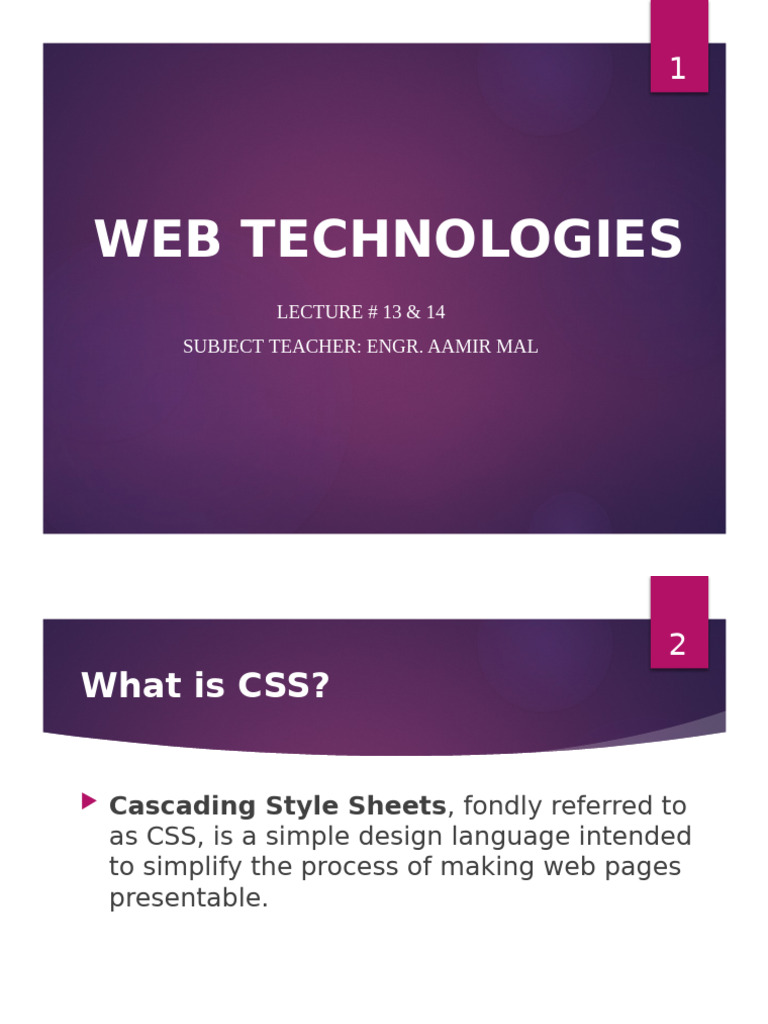 Web Technologies Lecture 13 & 14 CSS Overview | PDF | Html | Html Element