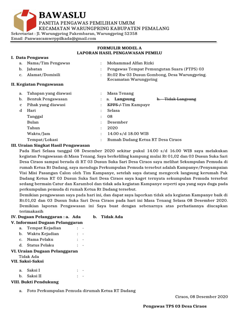Form Model a 2020 Pengawasan Ptps - Jawaban Contoh Kasus | PDF