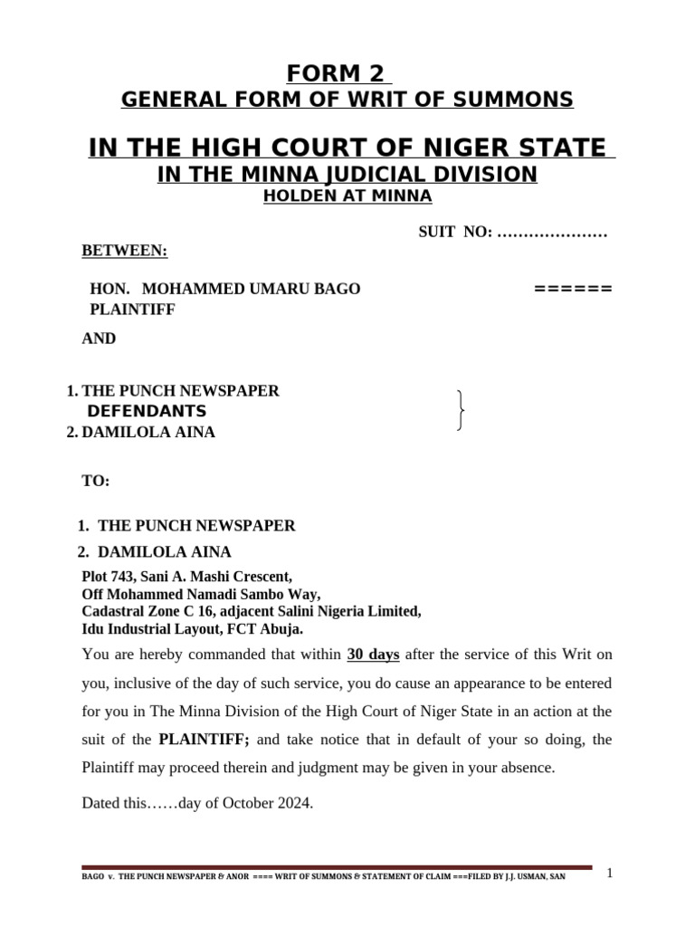 Bago v. The Punch Newspaper Writ of Summons | PDF | Defamation | Summons