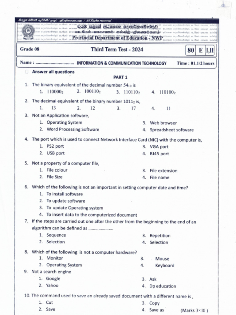 Grade 08 ICT EM Paper NWP 2024 With Answers Past Papers Wiki | PDF