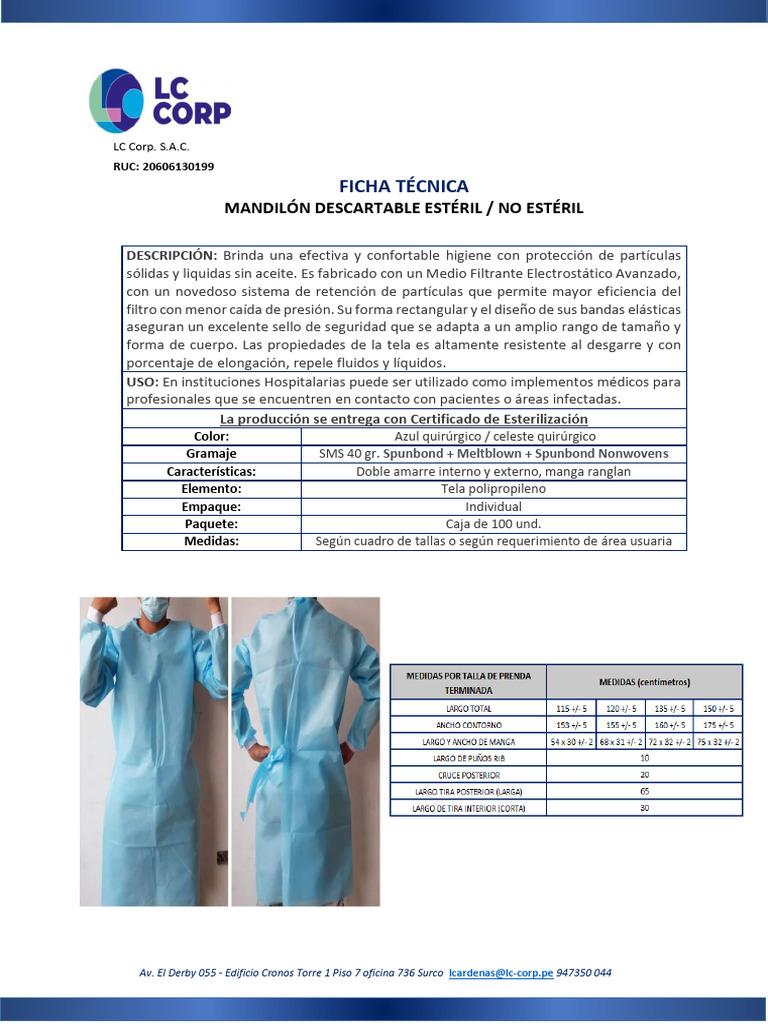 Ficha Tecnica Mandilon Esteril y No Esteril SMS 40g | PDF