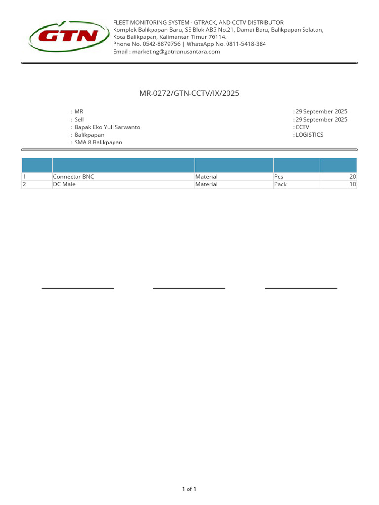 GATRIA CCTV Material Request MR-0272 | PDF