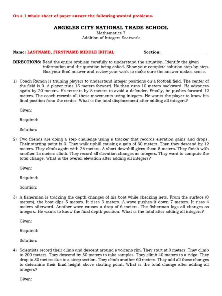 2 Addition of Integers Seatwork | PDF
