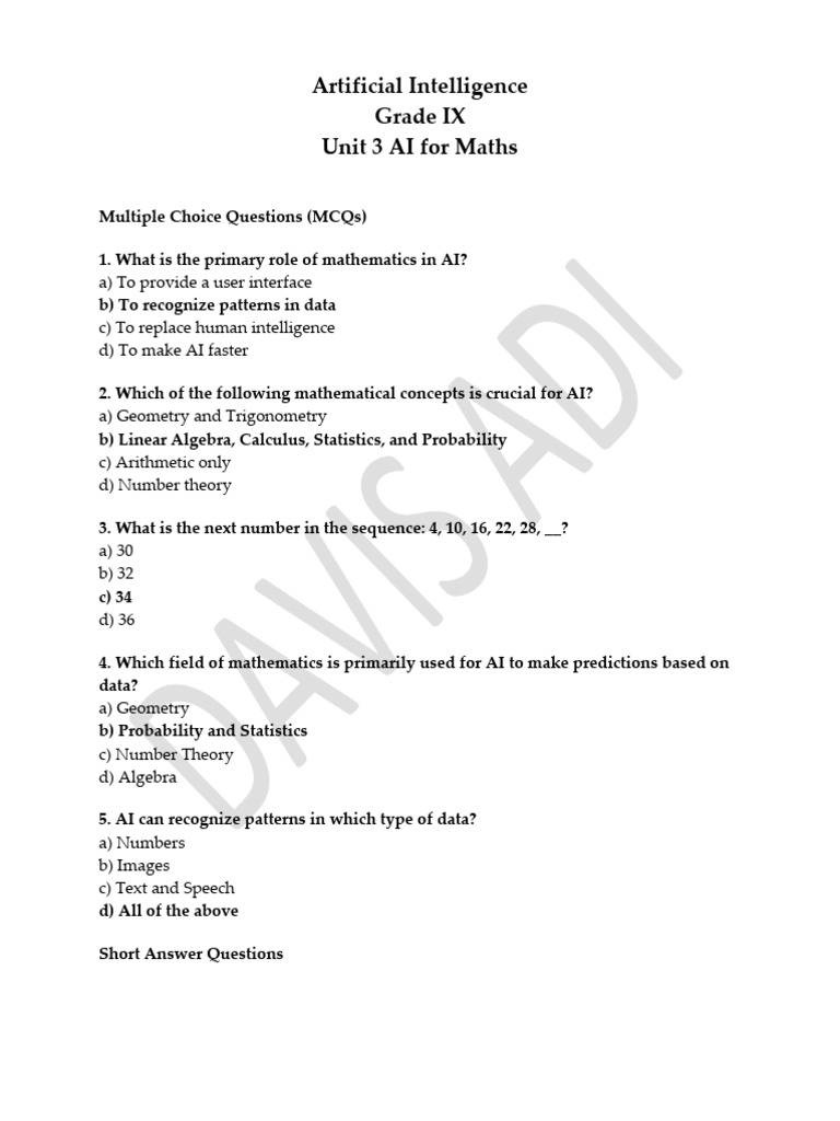 AI Mathematics MCQs and Concepts | PDF | Artificial Intelligence ...