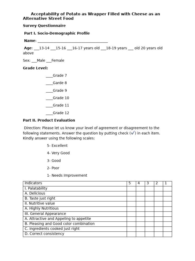 Potato-Cheese Street Food Survey | PDF