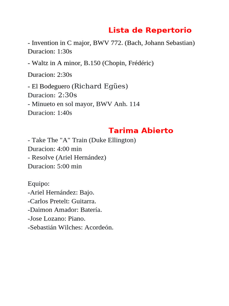 Repertorio Musical Variado y Equipo | PDF
