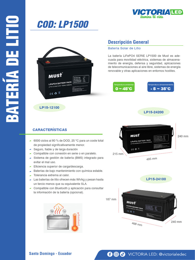 LP1500 - Bateria de Litio Must | PDF | Electricidad | Cantidades fisicas