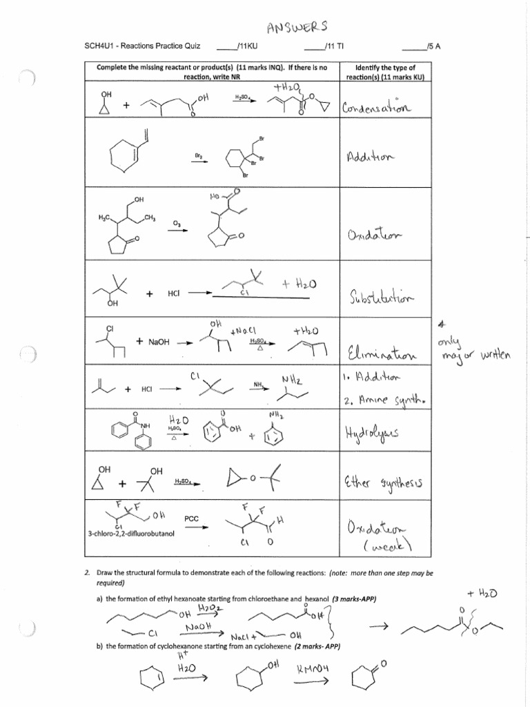 Organic Reactions Practice Quiz 2 ANSWERS | PDF