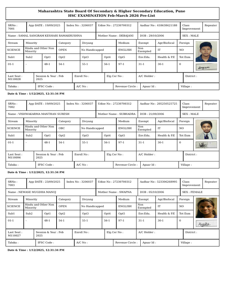 Maharashtra HSC Exam 2026 Pre-List | PDF | Schools | Student Assessment ...