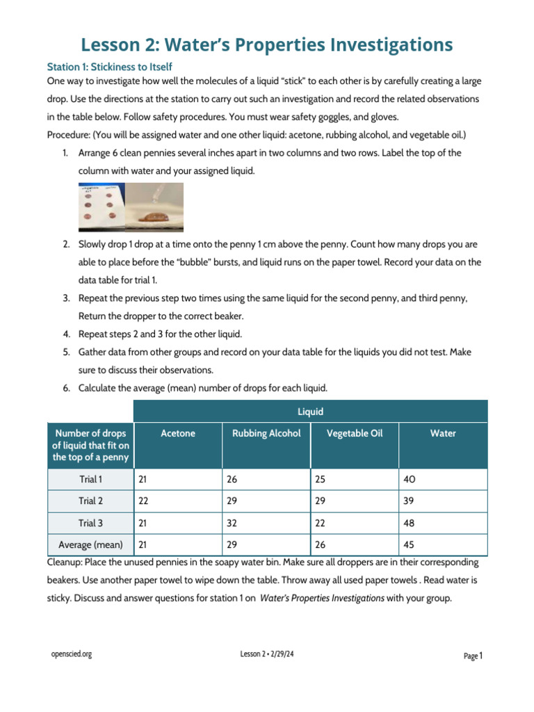 C.3 Lesson 2 Handout Water's Properties Investigations Updated | PDF ...