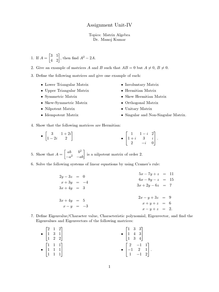 Assignment | PDF | Matrix (Mathematics) | Eigenvalues And Eigenvectors