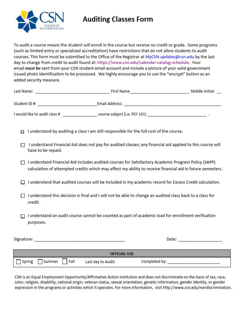 Auditing Classes Form 0 | PDF | Student Financial Aid In The United ...