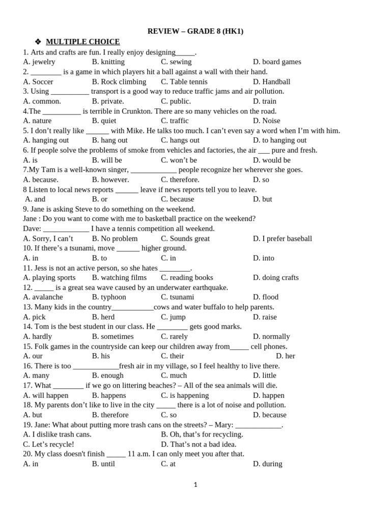 Grade 8 Review: Multiple Choice Questions | PDF