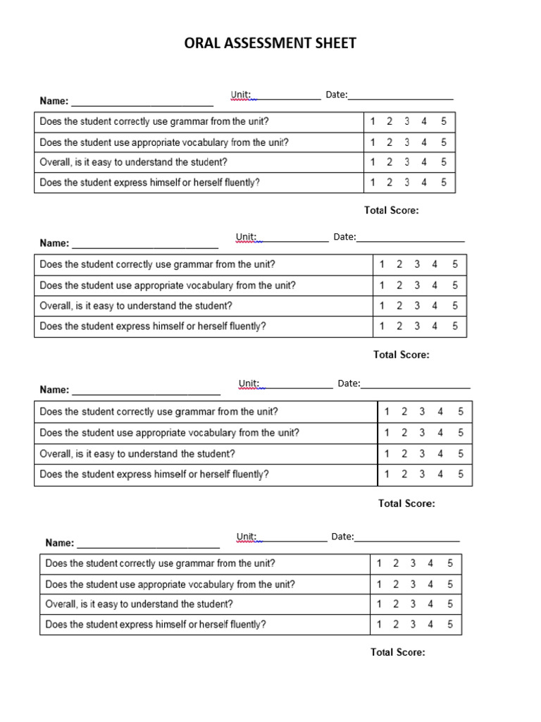 Oral Assessment Sheet x4 | PDF