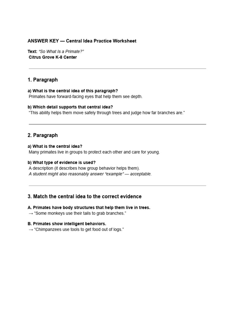 Primate Central Idea Practice Worksheet | PDF