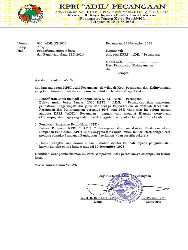 Pendaftaran Anggota KPRI Adil 2026 | PDF