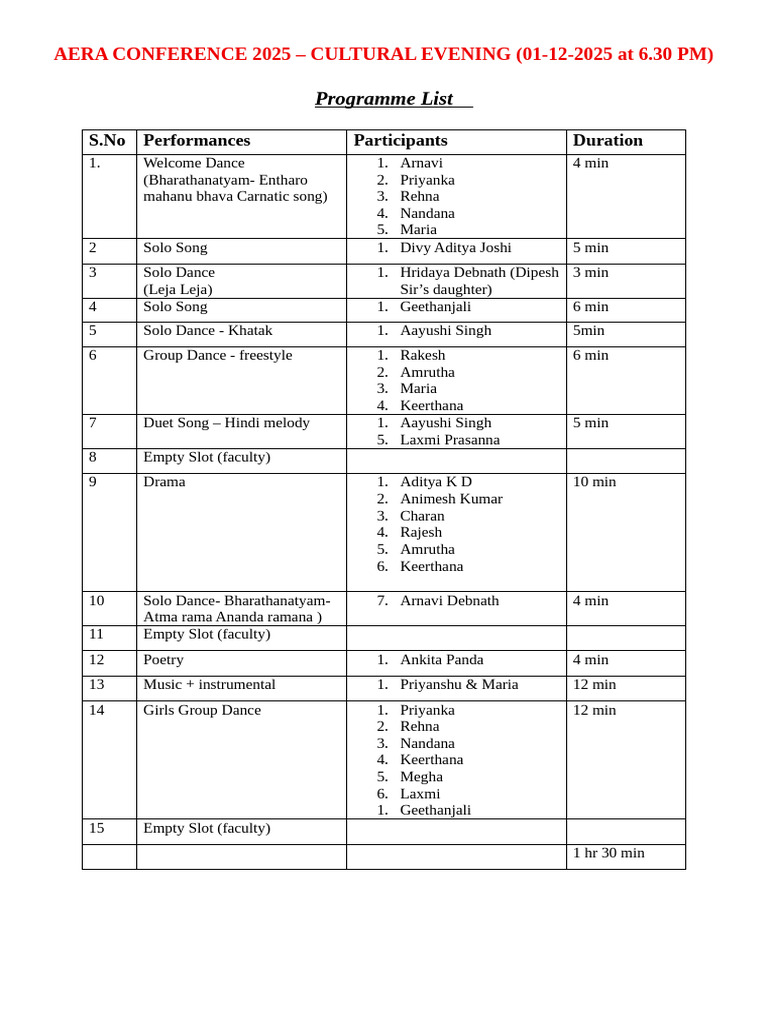 Cultural Evening- Programme List (AERA Conference 2025) | PDF