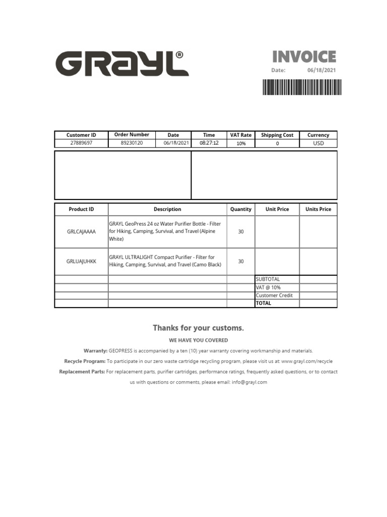 Invoice for Grayl Water Purifiers | PDF | Waste Management