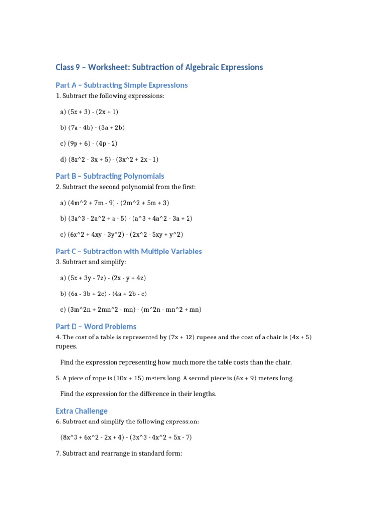 Class9 Subtraction of Algebraic Expressions Worksheet | PDF