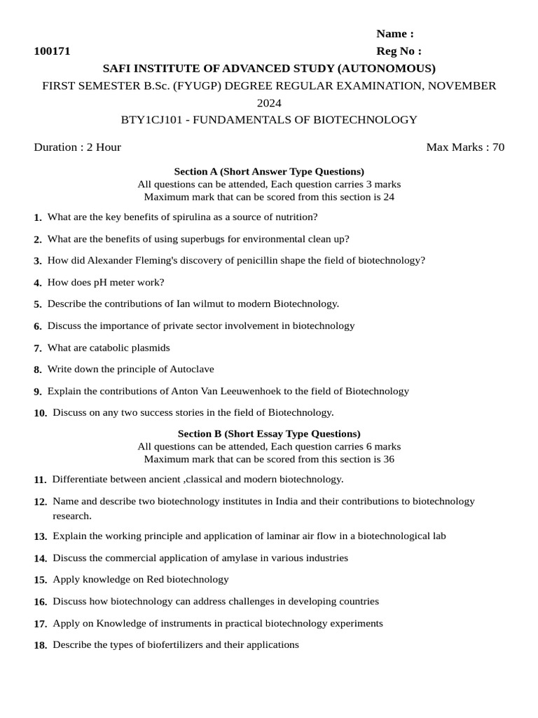 B.Sc. Biotechnology Exam Paper November 2024 | PDF | Biotechnology ...