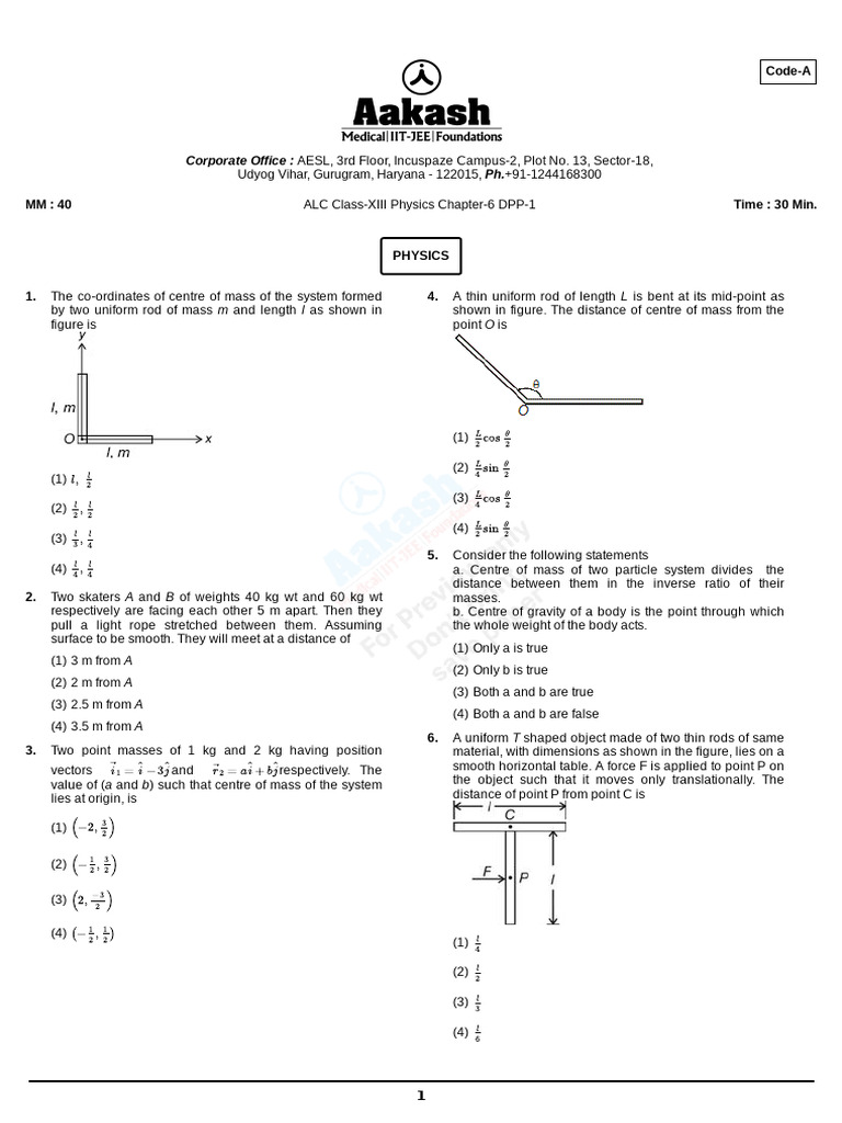 Physics DPP Class-XIII: Centre of Mass | PDF | Acceleration | Mass