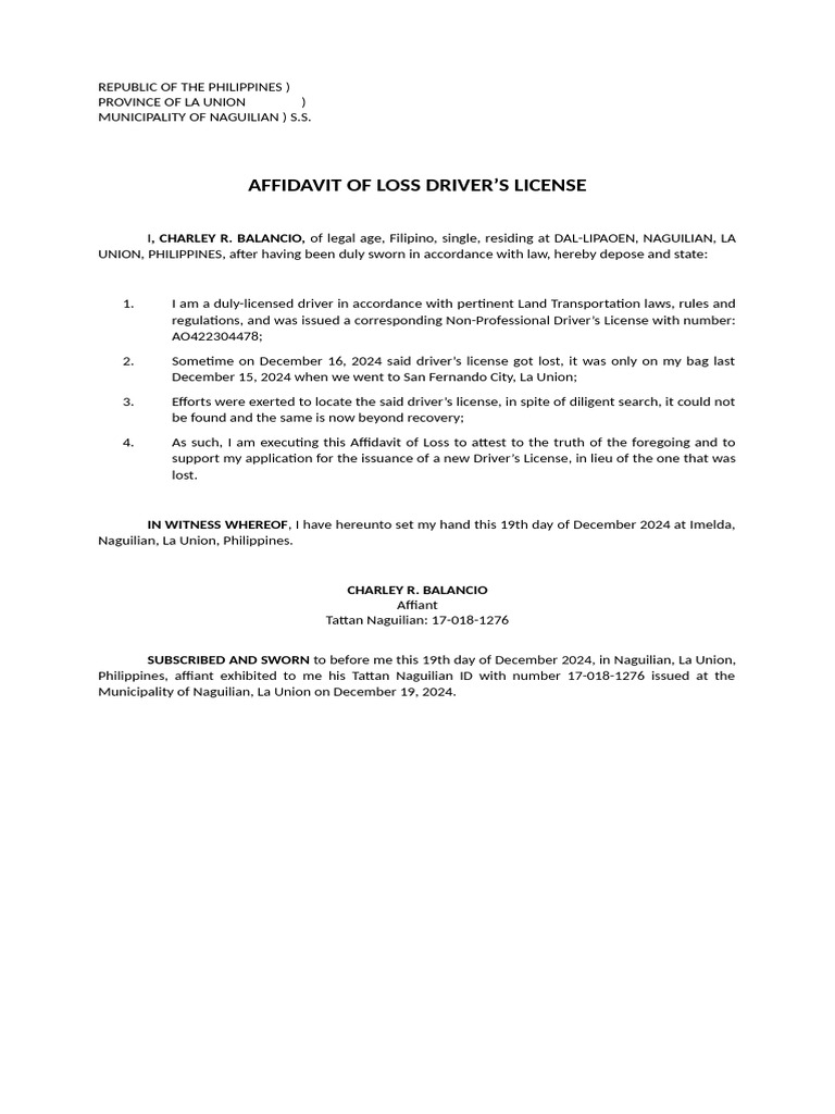 Affidavit of Loss Driver's License | PDF