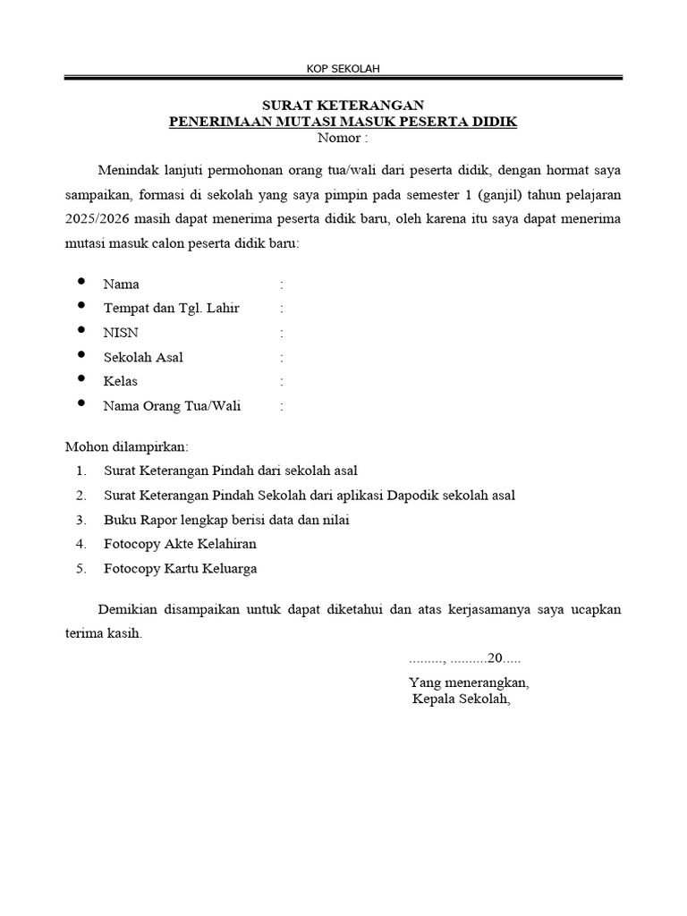 Surat Rekomendasi Mutasi Masuk TP. 2025-2026 | PDF