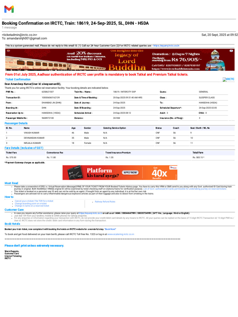 SL, - Bookings For The Same Confirmation On IRCTC, Train - 18619, 24 ...