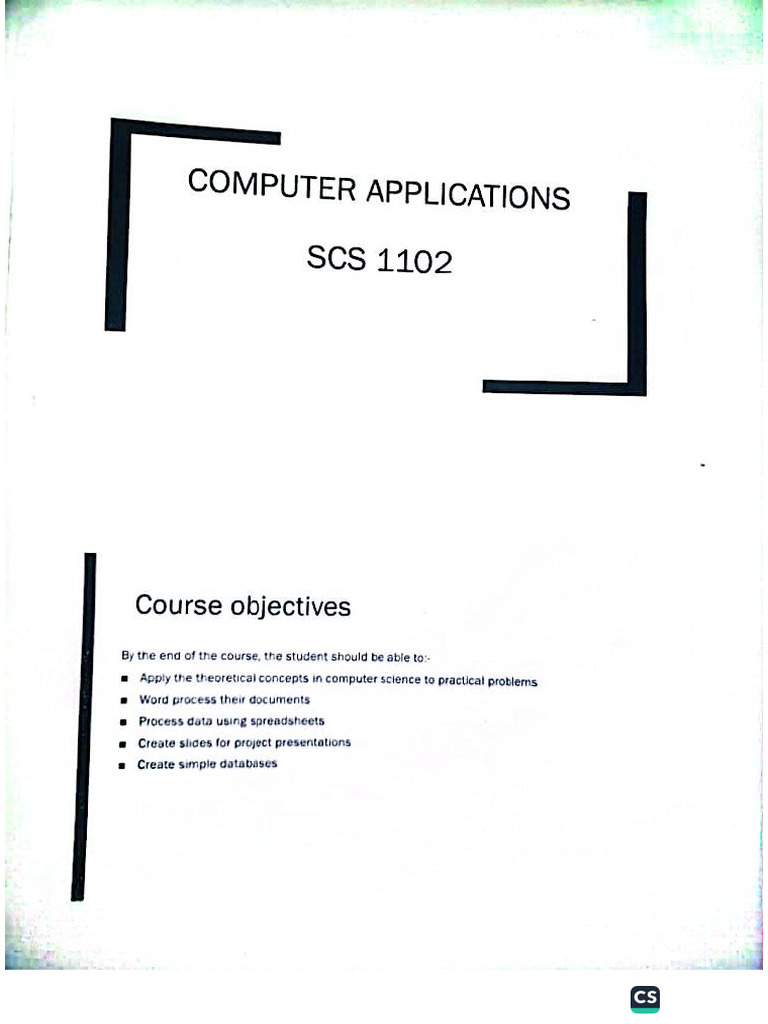 SCS 1102 Lecture 1 Computer Application | PDF