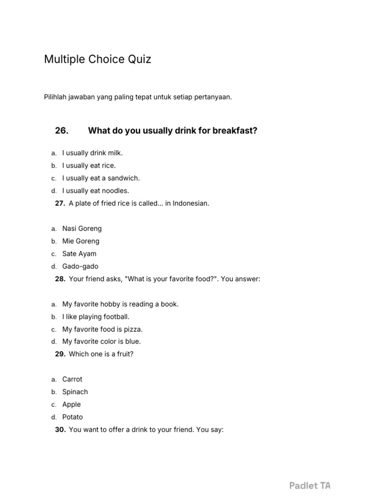 Multiple Choice Quiz | PDF | Indonesian Cuisine | Food And Drink